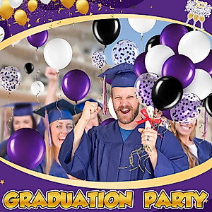 60 Pieces Balloons Kit 12 Inch Confetti Balloons with 2 rolls Ribbon Latex Balloon Party Favor Metallic Balloons for Birthdays Baby Shower Wedding Graduation Decorations (Black, Purple, White)