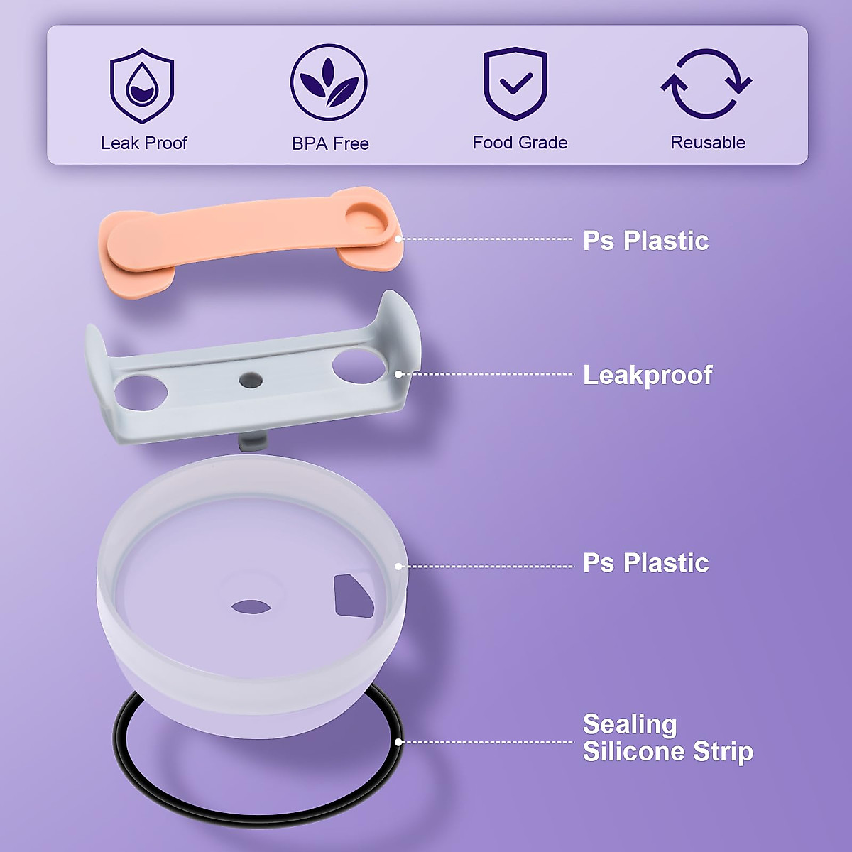 2 Pack Stanley Lid Replacement 40 oz Tumbler with Handle for Stanley Cup 2.0 Version - 6 Pcs Extra Long Reusable Straws & H2.0 Silicone Spill Proof Stopper - Spill Resistant Covers 3 Set (blue)