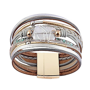 AZORA Womens Leather Cuff Bracelet Baroque Pearl Wrap Bracelets Gorgeous Gold Tube Bangle Handmade Wristbands Jewelry Bohemian Gift for Women Mother