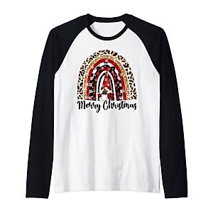 Merry Christmas Leopard Gnome Lover Rainbow Stocking Stuffer Raglan Baseball Tee