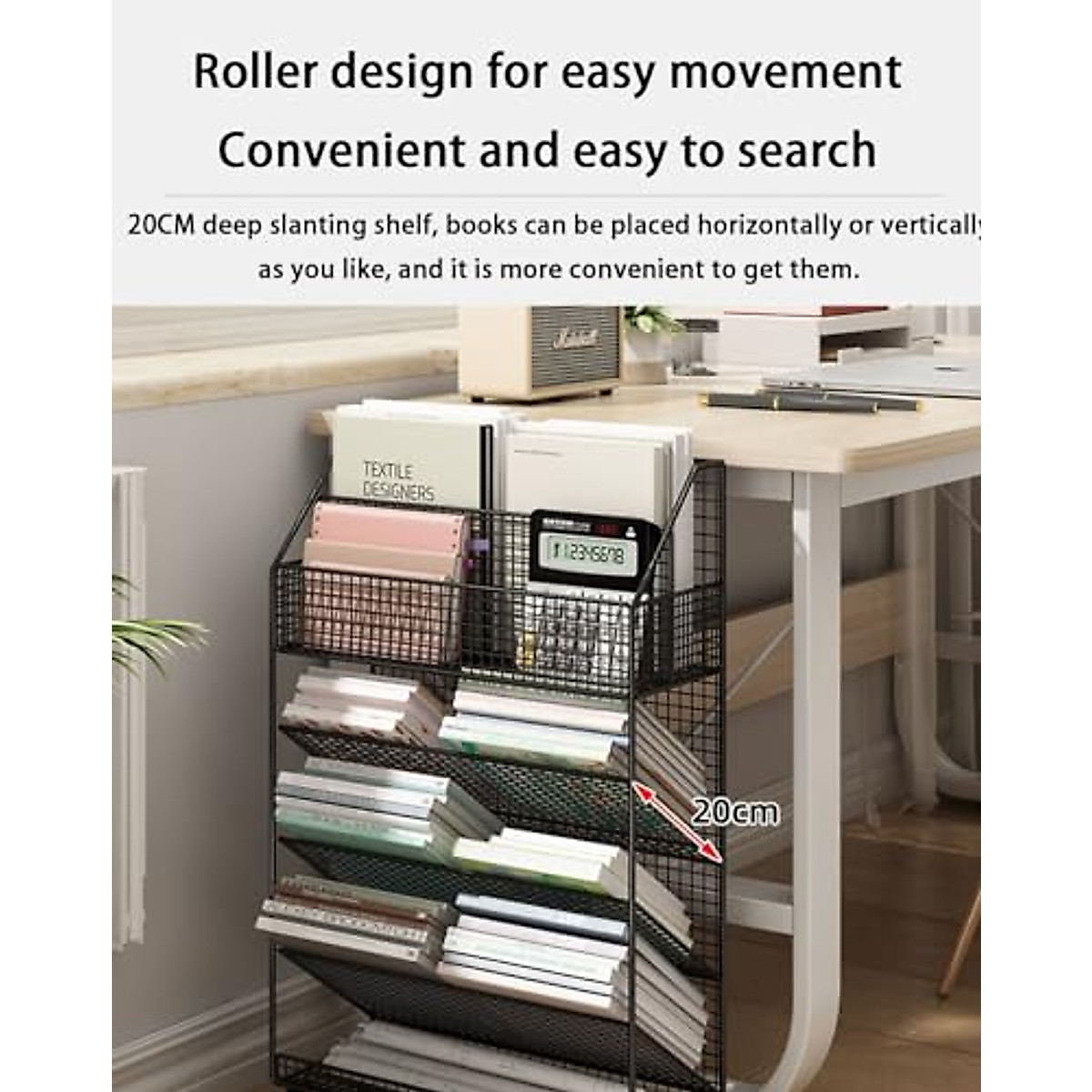 EFLALYHG Desktop Organizer and Accessories, Office Book Trolley with Universal Wheels, Multifunctional Metal Rolling Book Shelf for Classroom, Bookcase for Study Room,Black