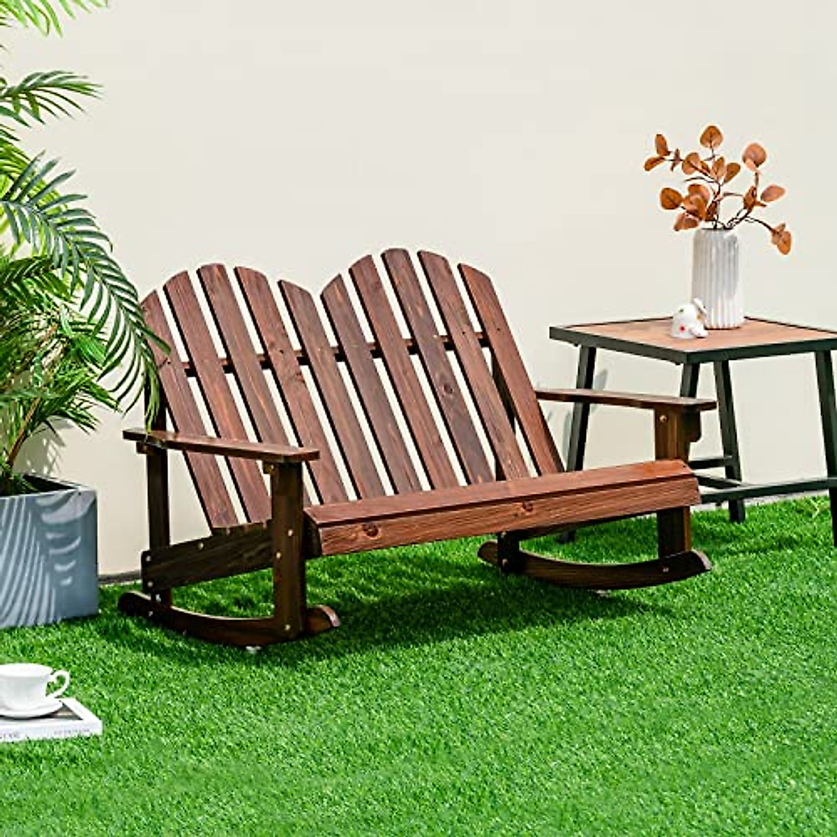 Giantex 2-Person Adirondack Rocking Chair - Kids Outdoor Rocking Bench with Slatted Seat, High Backrest, 220LBS Weight Capacity, Kids Patio Rocker for Balcony, Yard, Poolside (1, Coffee)