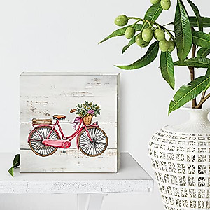 Bicycle and Flowers Spring Wood Box Sign Home Decor Rustic Spring Wooden Box Sign Block Plaque for Wall Tabletop Desk Home Decoration