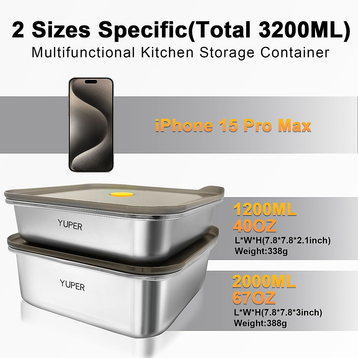 YUPER Stainless Steel Food Containers, Meal Prep Container, Bacon Cheese Container for Refrigerator, Stainless Steel Containers with Lids Fruit Lunch Storage, 2 Pack (40+67OZ)
