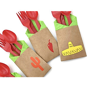 Plastic Cutlery, Paper Napkins, Favor Bags, Fiesta Birthday, Graduation, Baby Shower, Cinco de Mayo Party Decorations Supplies, 24 set