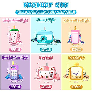 Queekay 6 Pcs Water Bottles with Straws for Kids Watermelon Water Bottle Adjustable Strap Leakproof Plastic Watermelon Ice Cream Camera Bread Biscuits Shaped Water Bottle for School Travel