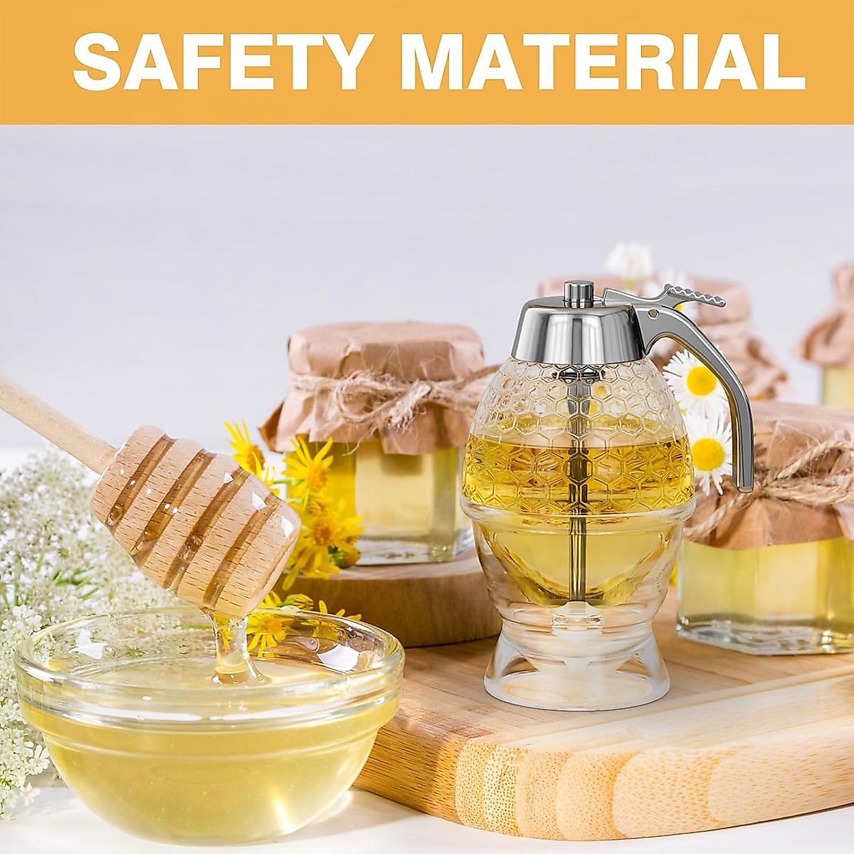 Honey Dispenser No Drip Glass, Maple Syrup Dispenser, Honey Jar with Stand, 8 oz Beautiful Honey Comb Shaped Honey Pot, Perfect Bee Decoration for Home Kitchen