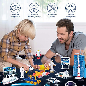 REMOKING Space Adventure Toy Playset, Educational Aerospace Toy Series with Space Playmat, Learning Die-Cast Space Shuttle, Artificial Satellite,Explorer,Great Gifts for Kids 3 Years and up