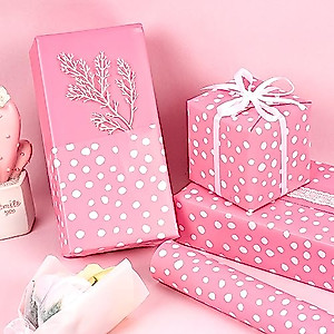 WRAPAHOLIC Reversible Wrapping Paper - Mini Roll - 17 Inch X 33 Feet - Light Pink and Delicate Polka Dots Design for Birthday, Holiday, Wedding, Baby Shower