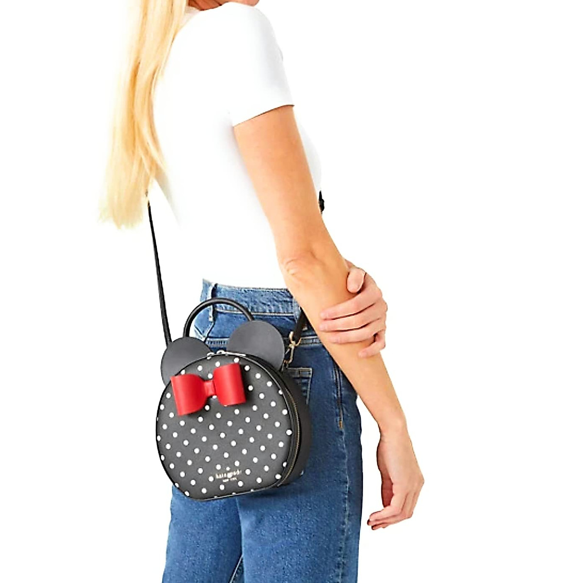 KATE SPADE DISNEY X MINNIE MOUSE ROUND CANTEEN PURSE BLACK & WHITE POLKA DOT
