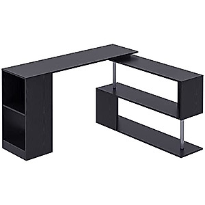 HOMCOM 55" 360° Rotating Corner Computer Desk Modern L-Shaped Home Office Workstation with 3-Tier Storage Shelves, Bookshelf, Black