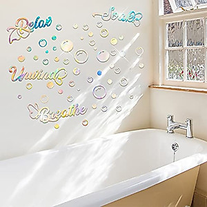 60 Pieces 3D Acrylic Mirror Wall Stickers Decor, Bathroom DIY Removable Mirror Wall Decals Sticker Decor Circle Bubbles for Bathroom Bedroom Living Room Home Decoration (Silver)