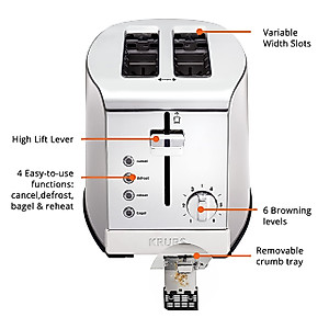 KRUPS 2 Slice Toaster with 6 browning levels and 4 easy-to-use functions, Stainless Steel, Silver