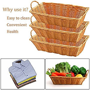 Yesland 6 Pcs Poly Wicker Bread Basket with Handle, 14 Inch Rectangular Imitation Rattan Fruit Storage Baskets - Stackable Empty Gift Basket for Vegetables, Food Serving, Display, Outdoor, Brown