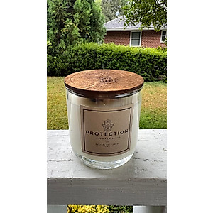 Evil Eye Protection Candle, Pink Quartz, Amethyst Infused, Lavender and Chamomile Scent, 10 oz Glass Jar with Hamsa Hand Positive Energy Beeswax and Soy Wax