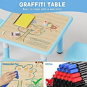 Brelley Toddler Table and Chairs Set for 4,Kids Study Table and Chair Set, Height-Adjustable, Graffiti Desktop, Children Activity Table for Daycare, Classroom, Home