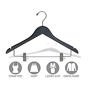 Black Wooden Combo Hangers with Adjustable Cushion Clips, Space Saving Flat 17 Inch Hanger with Chrome Swivel Hook & Notches (Set of 25) by The Great American Hanger Company