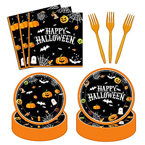 Vanulus Halloween Party Plates Napkins Happy Halloween Dinnerware Tableware for Birthday Party Black Orange Pumpkin Witch Disposable Paper Plates Napkins Party Decorations Supplies Favors 24 Guests