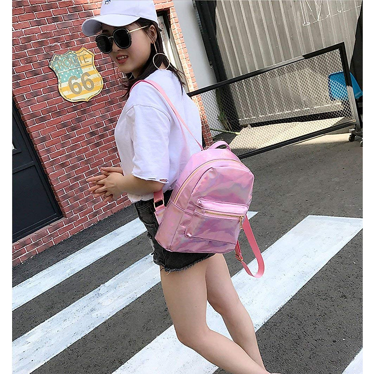 MOSSTYUS Small Holographic Rainbow Shoulder Bag Metallic Satchel Shiny Travel Daypack for Women Lady