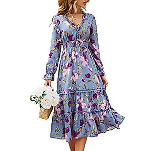 KOJOOIN Womens Long Sleeve Deep V Neck Ruffle Floral Print Maxi Dress High Elastic Waist Flowy Beach Dress Blue M
