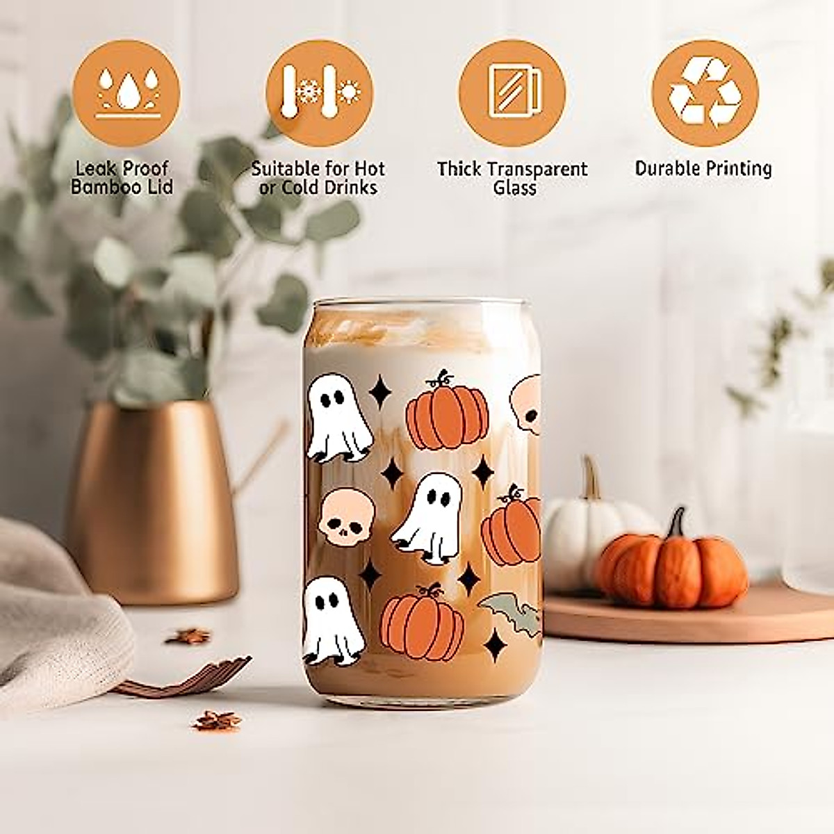 Coolife Halloween Pumpkin Ghost Skull Cups - 16 oz Pumpkins Fall Cup Mug, Can Shaped Tumbler Glass Cups w/Bamboo Lids Straws, Halloween Spooky Cups for Iced Coffee Smoothie, Goth Spooky Gifts for Her