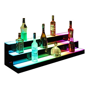 Cimcame Led Lighted Liquor Bottle Display with Remote Control, 48 Inch 3 Steps Countertop Illuminated Lighting Shelves for Home Commercial Bar Living Room Black