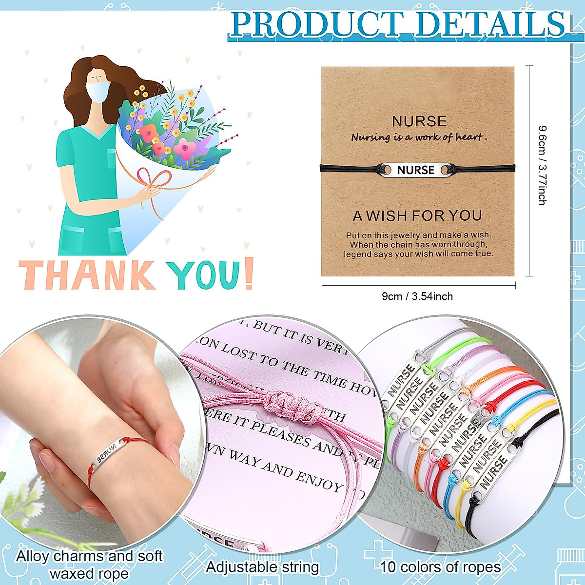 Kigeli 30 Pcs Nurse Gifts Bulk Stethoscope Heart Appreciation Bracelet Gifts Blessing Card Bracelets RN Nurse Jewelry for Women Men (Multi Style)