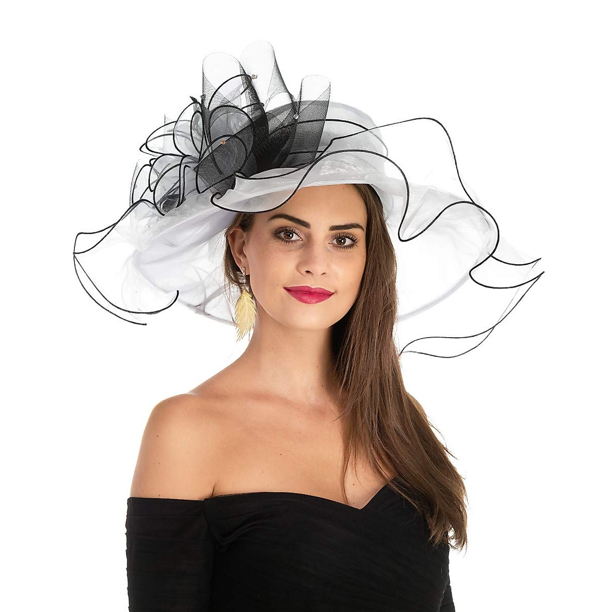 Women's Organza Church Kentucky Derby British Fascinator Bridal Tea Party Wedding Hat Summer Ruffles Cap（HL-White Black Line）