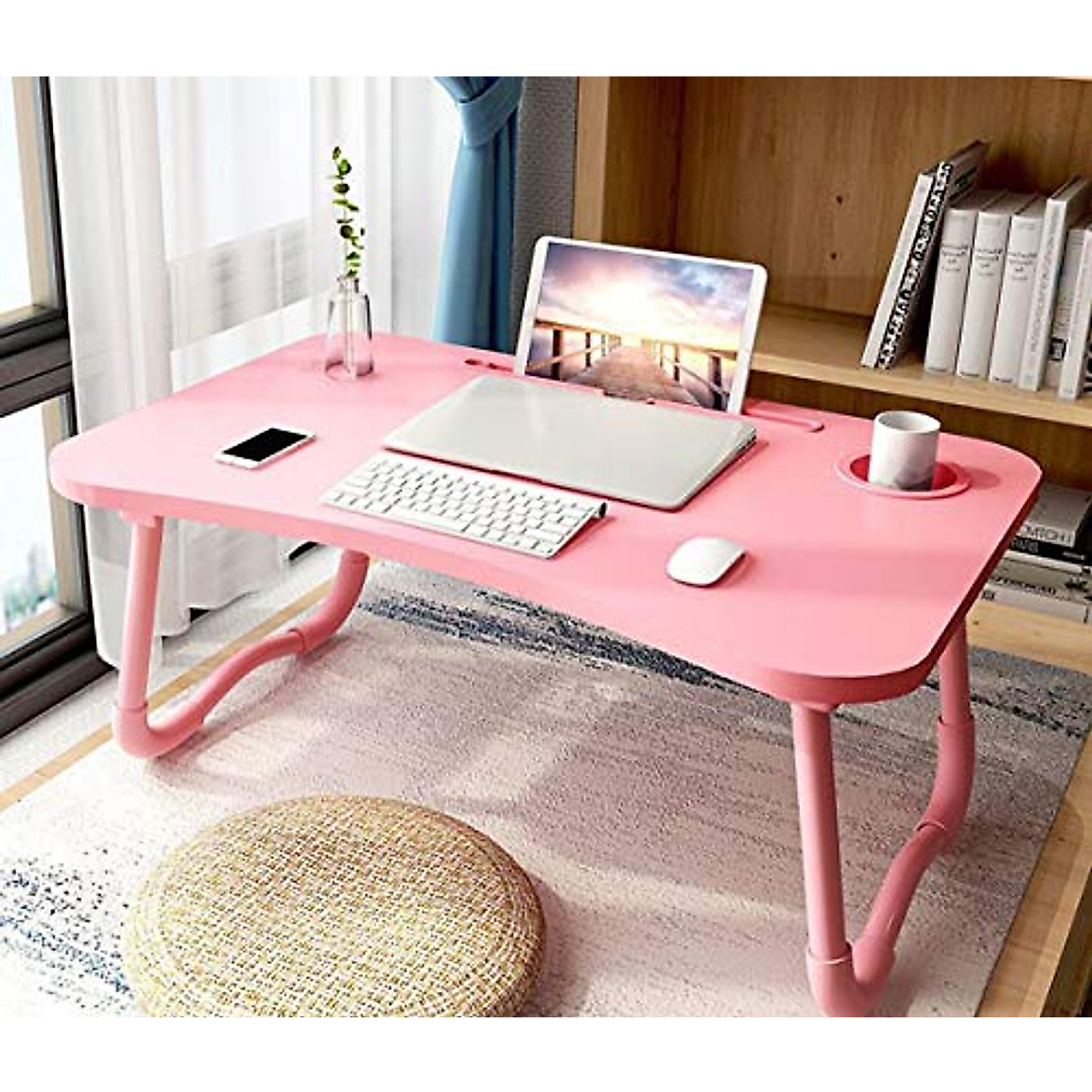 Laptop Desk Foldable Bed Table, Portable Lap Desk Laptop Bed Tray Table with Storage Drawer and Cup Holder, Lap Tray Table Notebook Stand Reading Desk Breakfast Tray for Bed Couch Sofa Floor – Pink