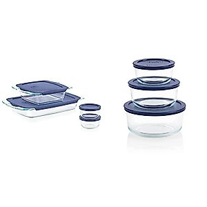 Pyrex Easy Grab 8-Piece Glass Baking Dish Set, 13x9-Inch, 8x8-Inch & 1-Cup & Simply Store 6-Pc Glass Food Storage Container Set, 7-Cup, 4-Cup, & 2-Cup Round Glass Storage Containers