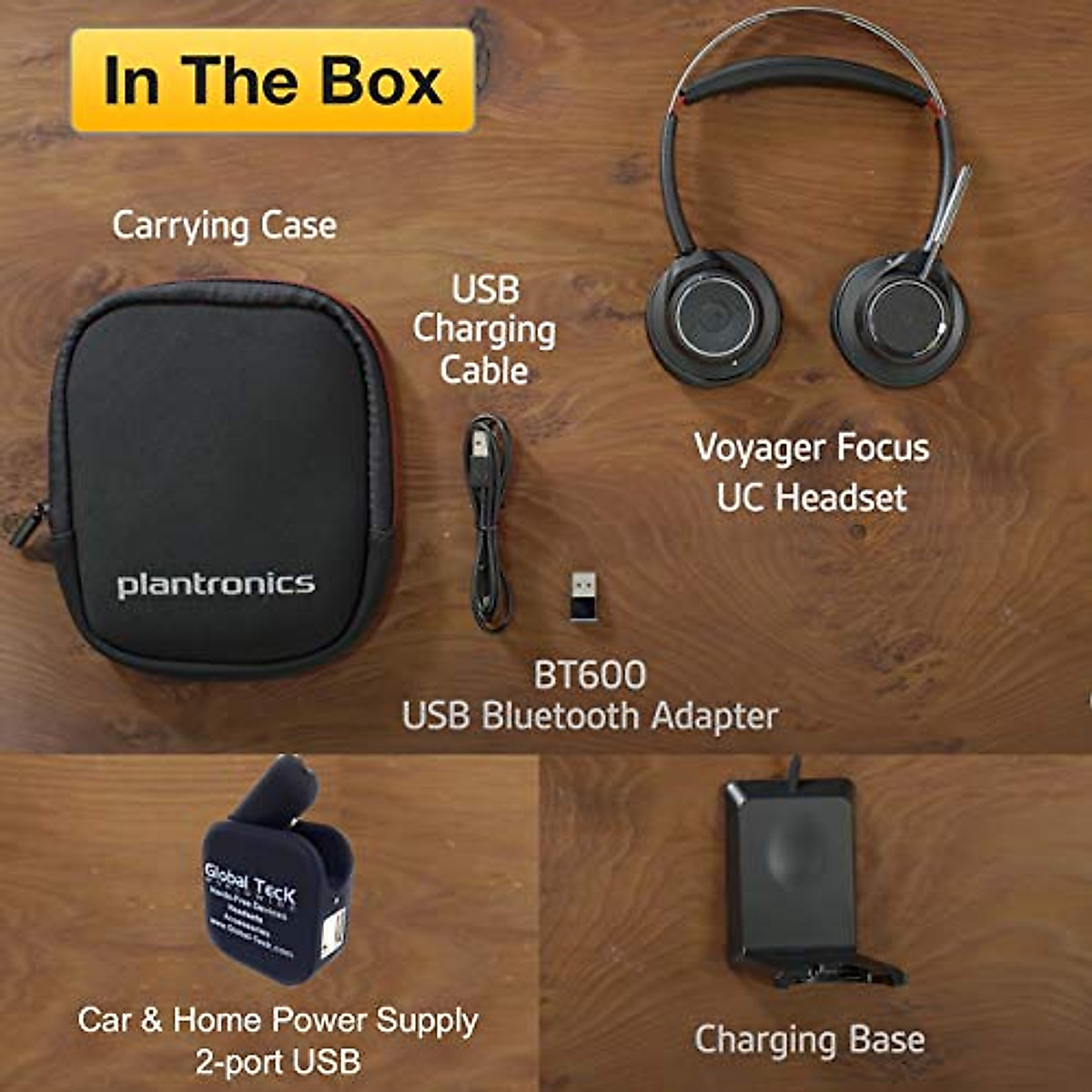 GTW Voyager Focus UC B825 Bluetooth Headphones with Microphone 202652-01-BC, Bluetooth USB Dongle, Smartphones, PC, MAC, Tablet - Zoom, Teams, Skype, Fuze, RingCentral, Combo USB Power Charger