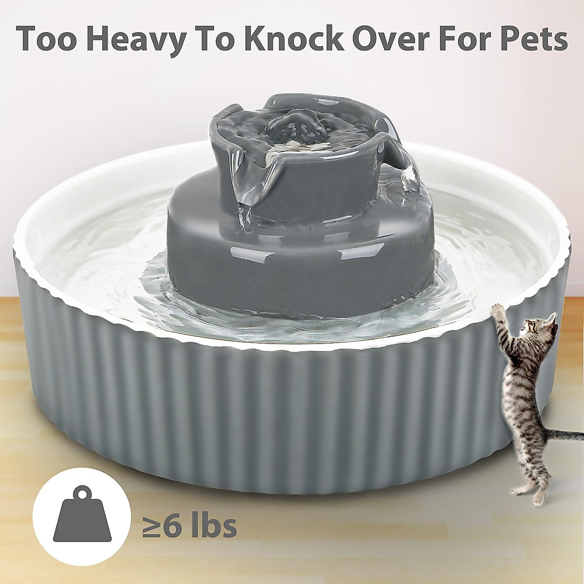 Kenepet Ceramic Cat Water Fountain, 2.1L/71oz Automatic Pet Water Fountain, 3 Filters and 2 Pumps Included, Cat Fountain Ideal for Cats, Dogs and Multiple Pets (Grey)