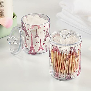 Kigai Romantic Eiffel Tower Clear Plastic Apothecary Jars 2 Pack, 14 oz Qtip Holder Dispenser with Lid for Cotton Ball, Cotton Swab, Floss Picks, Makeup Sponges, Hair Clips