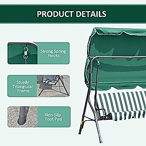 Outsunny 3-Person Porch Swing with Canopy, Patio Swing Chair, Outdoor Canopy Swing Bench with Adjustable Shade, Cushion and Steel Frame, Green