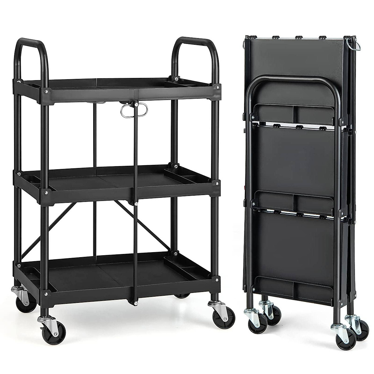 IRONMAX Folding Tool Cart on Wheels, Heavy Duty 3 Tier Foldable Utility Cart w/ 4 Universal Wheel & Compartments, Lightweight Collapsible Service Cart for Garage, Home, Office