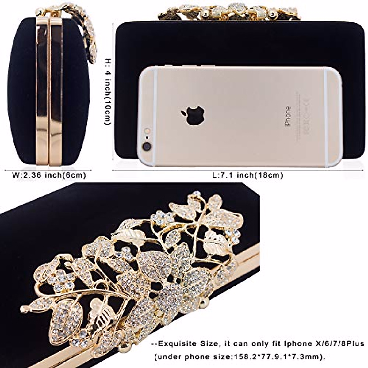 Dexmay Velvet Women Clutch Evening Bag with Rhinestone Crystal Flower Clasp Formal Purse for Party Black