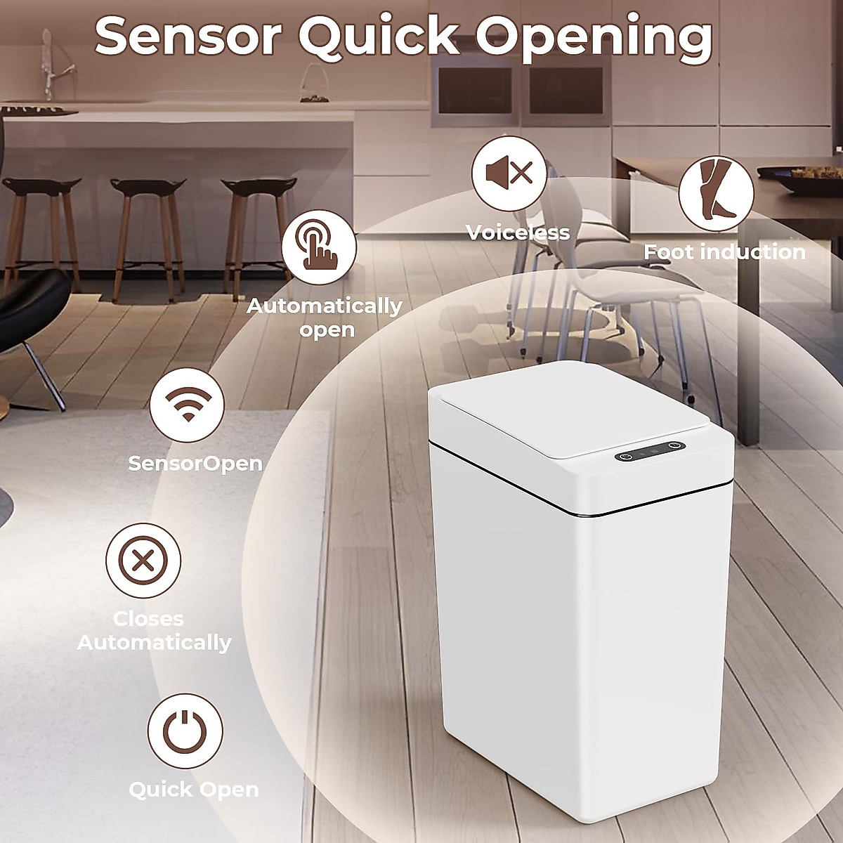 Bathroom Trash Can with Lid 2.4 Gallon Smart with Lid Motion Sensor Trash Can Waterproof Narrow Small Garbage Bin for Kitchen Bathroom Office Living Room