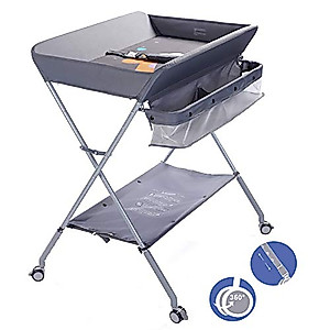 EGREE Baby Changing Table Portable Folding Diaper Changing Station with Wheels, Adjustable Height Mobile Nursery Organizer with Safety Belt and Large Storage Racks for Newborn Baby and Infant, Gray
