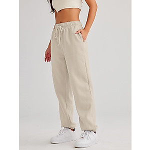 AUTOMET Womens Sweatpants Fleece Lined Fall Outfits Baggy High Waisted Straight Leg Sweat Pants 2024 Drawstring Winter Burnt Casual Athletic Lounge Joggers Beige S