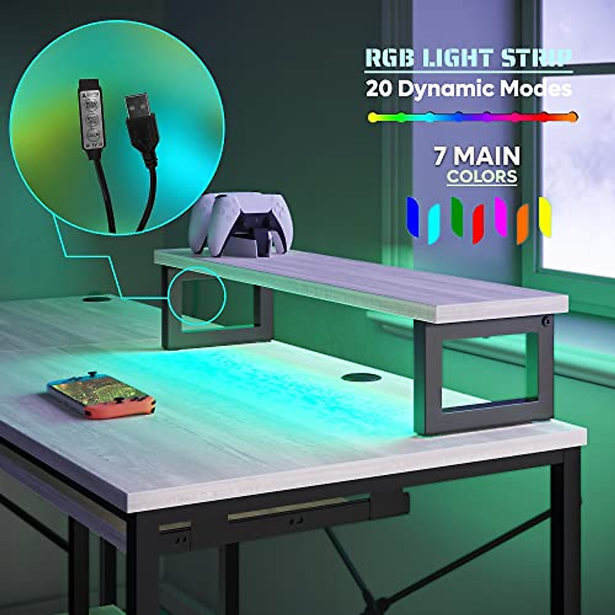 Bestier L Shaped Office Desk with Led Light 95.2 Inch Gaming Corner Desk or 2 Person Long Table with Shelves Monitor Stand and Keyboard Tray for Home Office, White Wash