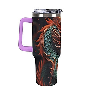 LLUTSNTH 40 Oz Vacuum Tumbler with Violet Handle Leakproof Insulated Tumbler Chinese Dragon Stainless Steel Travel Mug with Lid And Straw Coffee Cup Cute Water Bottles Cup Holder Friendly