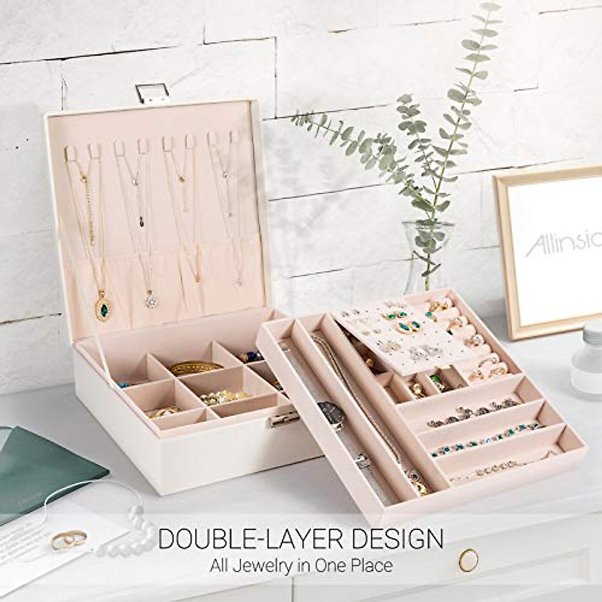 Allinside Capacious Jewelry Box Organizer for Girls Women Ladies, 2 Layers PU Leather Jewelry Storage Case with Lock, Birthday, Velvet Lining, White