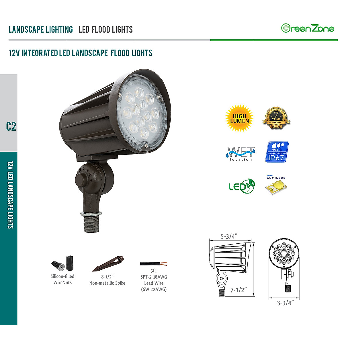 Westgate WG LED 12 Volt Outdoor Landscape Garden Bullet Flood Lights - Path Walkway Lawn Spotlights - Wire/Spike Accessories Included (24W 5000K Cool White Bronze)