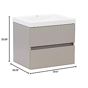 Spring Mill Cabinets Innes 24 Inch Floating Bathroom Vanity with White Single Sink Top, 2 Soft-Close Drawers, 24.5" W x 18.75" D x 22.25" H, Gray