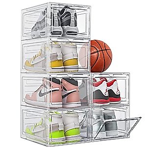 Sturdy Durable Plastic Shoe Organizer, Shoe Box with Magnetic Door, 6 Pack Shoe Organizer for Sneaker Storage, Shoe Boxes Clear Plastic Stackable for Closet, Shoe Containers, Shoe Display Case, White