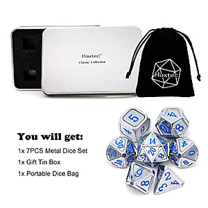 Haxtec Metal DND Dice Set Silver W/ Gift Metal Case D&D Polyhedral Dice for Dungeons and Dragons TTRPG-Silver Blue Numbers