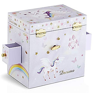 Musical Jewelry Box for Little Girls with 3 Drawers and Jewelry Set with Spinning Unicorn and Rainbow Butterfly Design - Beautiful Dream Tune Purple
