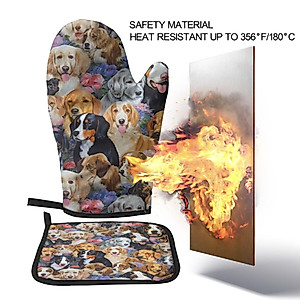 Dujiea Home Kitchen Oven Mitts and Potholders Set, Dogs Garden Puppies Heat Resistant Waterproof Non Slip BBQ Gloves Hot Pad Set for Baking Cooking Grilling