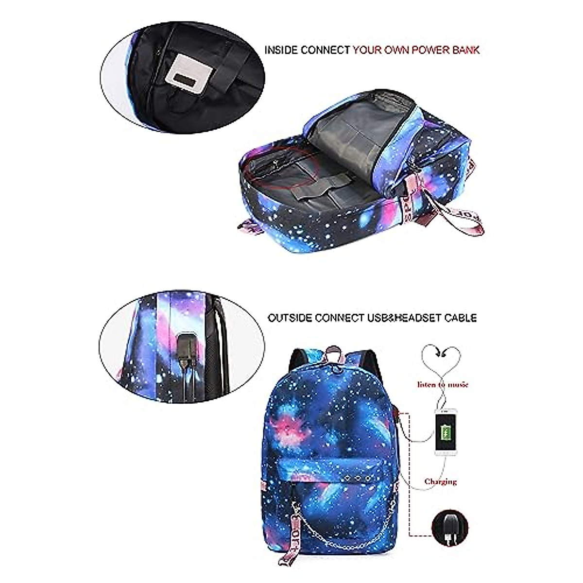 WANHONGYUE My Hero Academia Anime Rucksack 15.6 Inch Laptop Backpack Bookbag with Keychain Stainless Steel Chain Black / 15