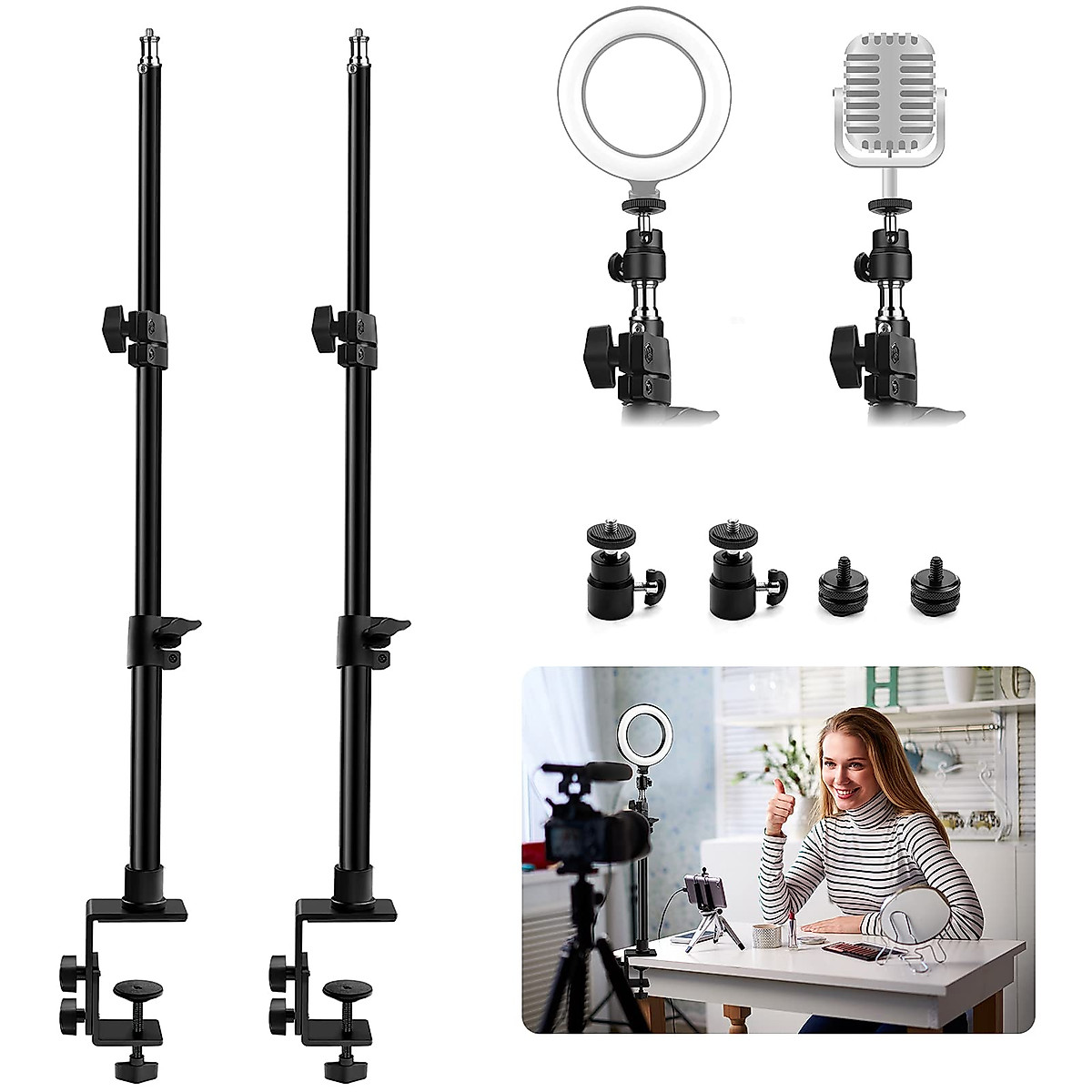 Obeamiu 2 Pack C Clamp Desk Mount Light Stand with 1/4" Ball Head and Hot Shoe Mount Adapter, 21-45 Inch Adjustable Tabletop Bracket Stand for DSLR Camera, Ring Light, Video Monitor, Microphone Webcam